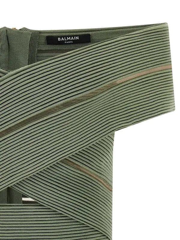 Balmain Off-the-shoulder Cropped Top With Mesh Inserts - Green