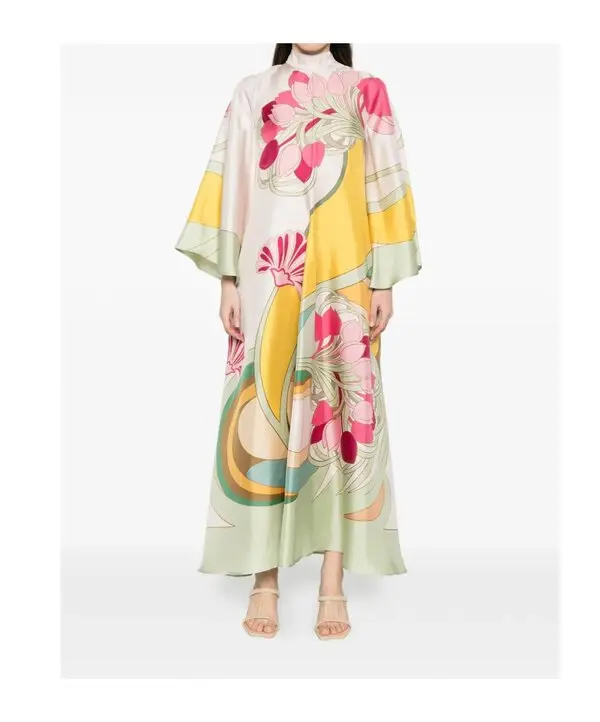 La DoubleJ Magnifico" Printed Silk Dress With Wide Sleeves - Pink