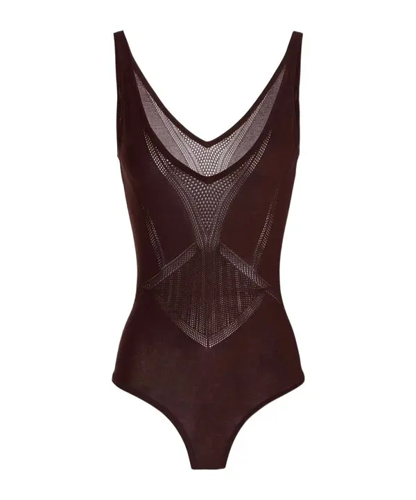 Elisabetta Franchi Open-knit Bodysuit With Logo Detail - Cocoa
