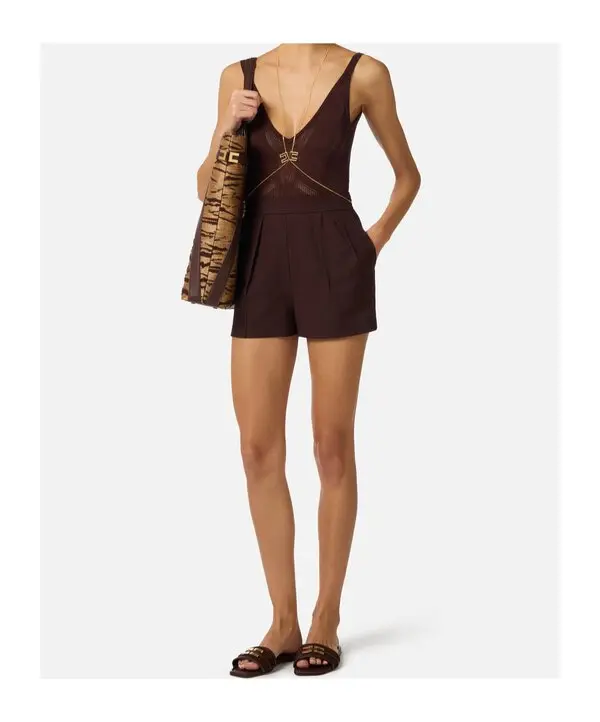 Elisabetta Franchi Open-knit Bodysuit With Logo Detail - Cocoa