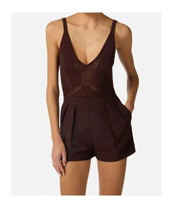 Elisabetta Franchi Open-knit Bodysuit With Logo Detail - Cocoa