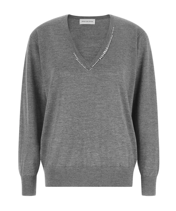 Dries Van Noten Embellished V-neck Sweater - Gray