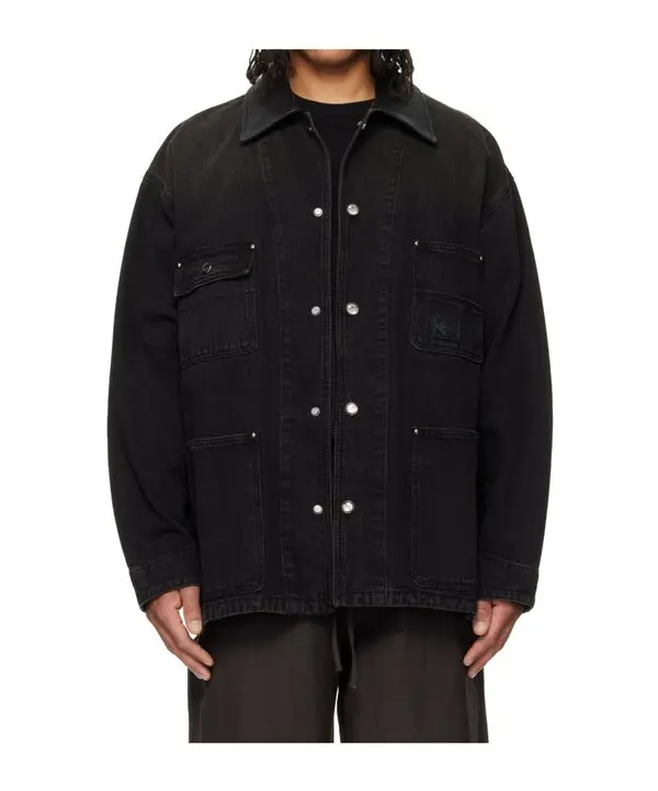 WOOYOUNGMI Leather Collar Washed Denim Jacket - Black