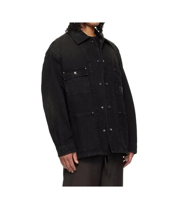 WOOYOUNGMI Leather Collar Washed Denim Jacket