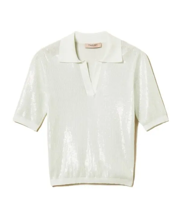 TWINSET Sequin Embellished Short-sleeved Polo Shirt - White