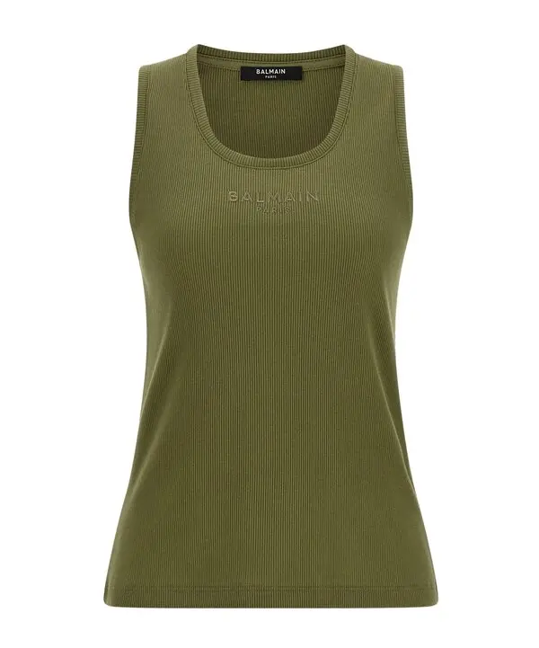 Balmain Ribbed Tank Top With Embroidered Logo - Green