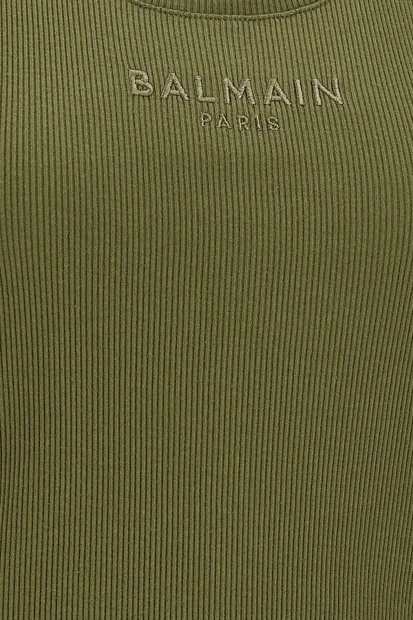 Balmain Ribbed Tank Top With Embroidered Logo - Green