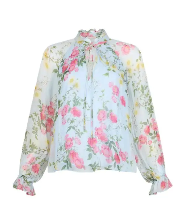 Liu Jo Pleated Floral Tie-neck Top - Flower Light Blue