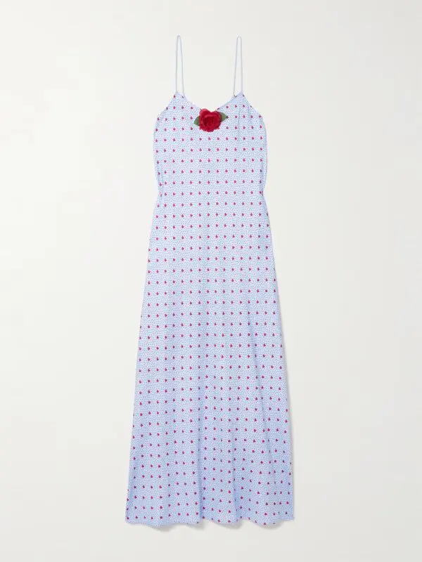 RODARTE Printed Silk-twill Midi Dress With Rosette Appliqu - Blue
