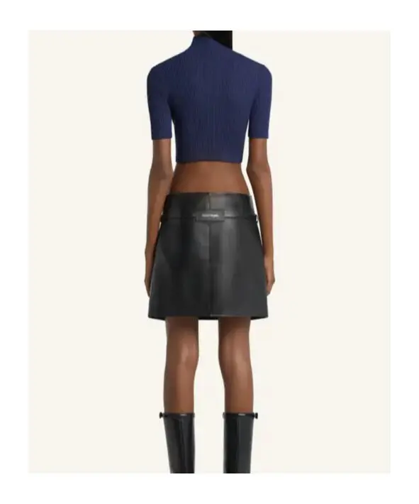 COURREGES Ribbed Knit Mock Neck Cropped Top With Logo Detail - Blue