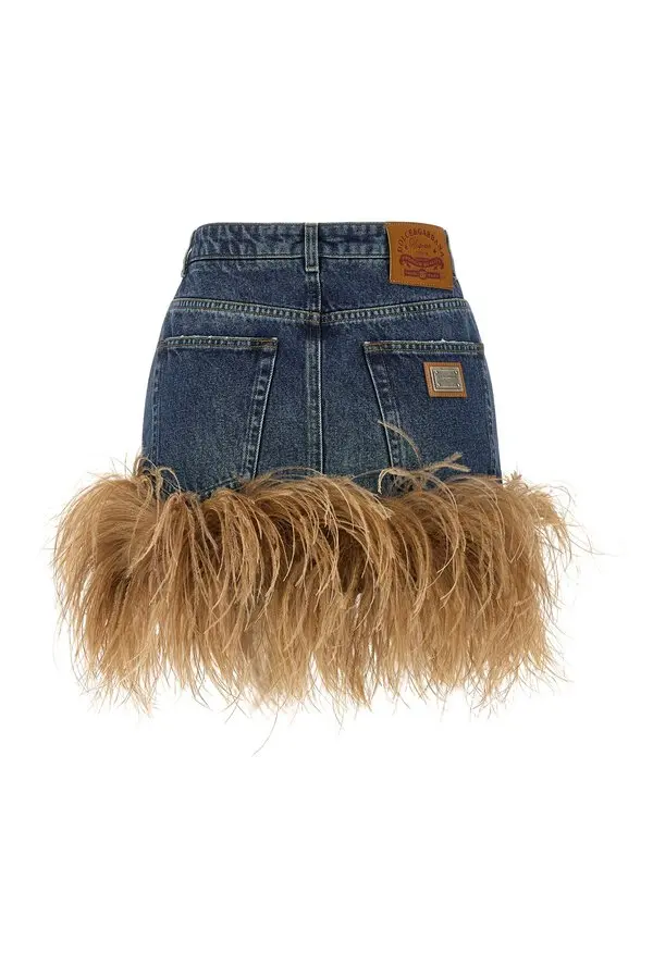Dolce & Gabbana Feather Trim Denim Skirt