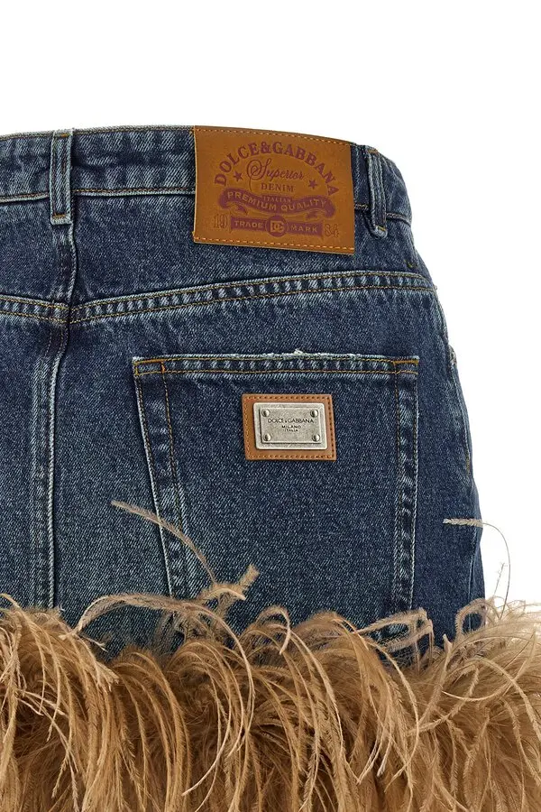 Dolce & Gabbana Feather Trim Denim Skirt