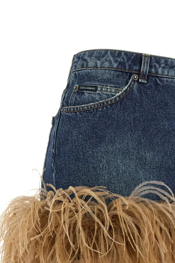 Dolce & Gabbana Feather Trim Denim Skirt