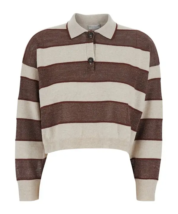 Brunello Cucinelli Cropped Striped Knit Polo Shirt - No