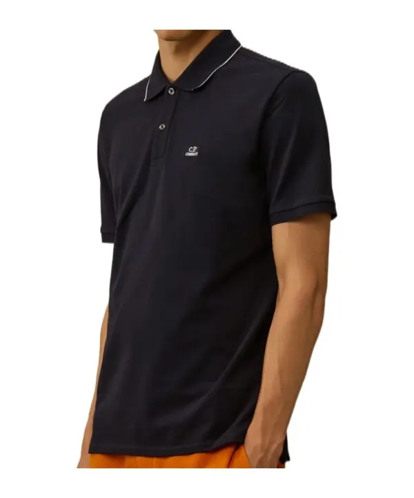 C.P. COMPANY Stretch Piquet Short Sleeve Striped Collar Polo Shirt - Blue