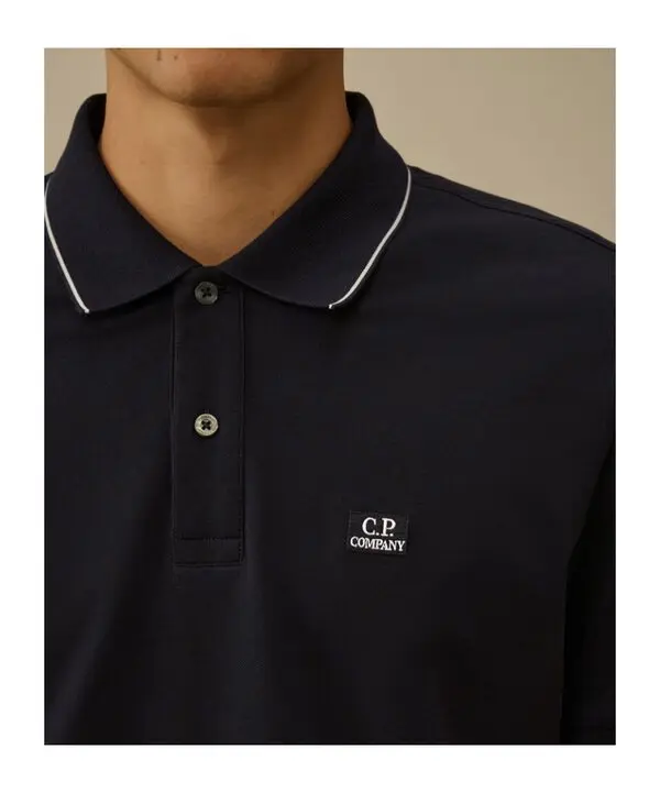 C.P. COMPANY Stretch Piquet Short Sleeve Striped Collar Polo Shirt - Blue