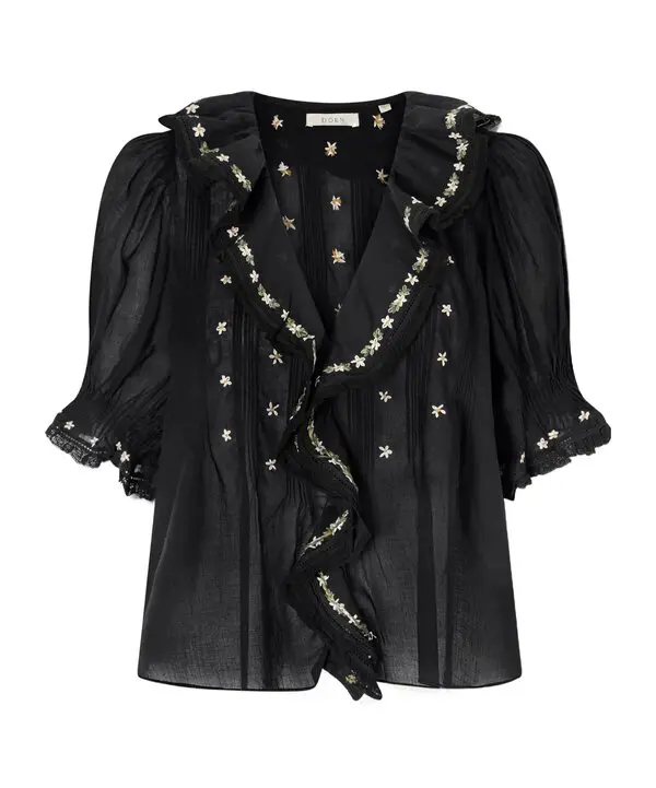 DÔEN Hettie Floral Embroidered Ruffled Blouse - Black