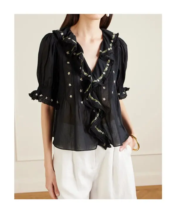 DÔEN Hettie Floral Embroidered Ruffled Blouse - Black