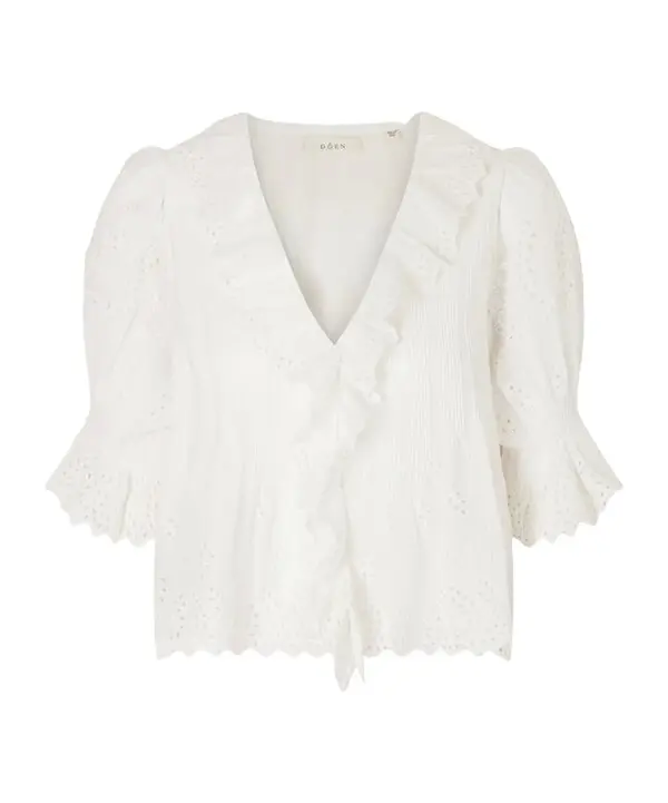 DÔEN Ruffled Pintucked Broderie Anglaise Cotton Top - White