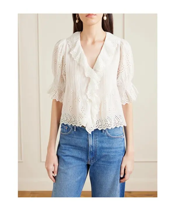 DÔEN Ruffled Pintucked Broderie Anglaise Cotton Top - White