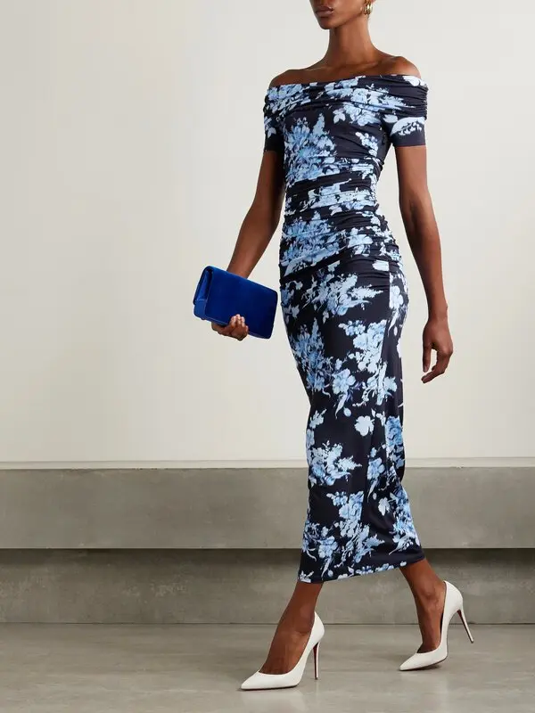 Carolina Herrera Off-shoulder Pleated Floral Print Dress