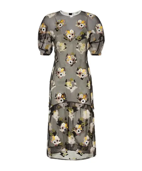 Fendi Bouquet Appliquéd Sheer Dress - Black