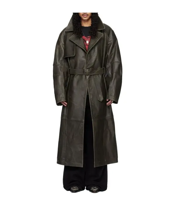 LU'U DAN Distressed Leather Double-breasted Trench Coat - Khaki