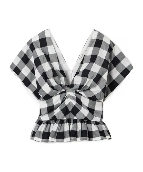 Sea Gathered Gingham Cotton-poplin Peplum Top - Gray