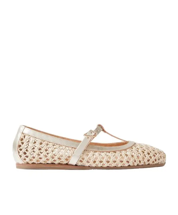 ANCIENT GREEK SANDALS Woven Raffia Ballet Flats With Metallic Leather Trim - Nude