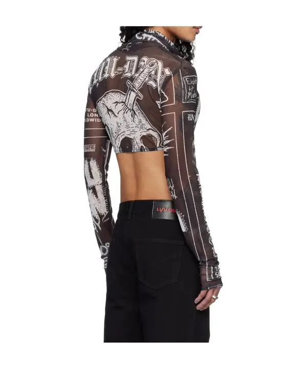 LU'U DAN Mesh Print Turtleneck Cropped Top