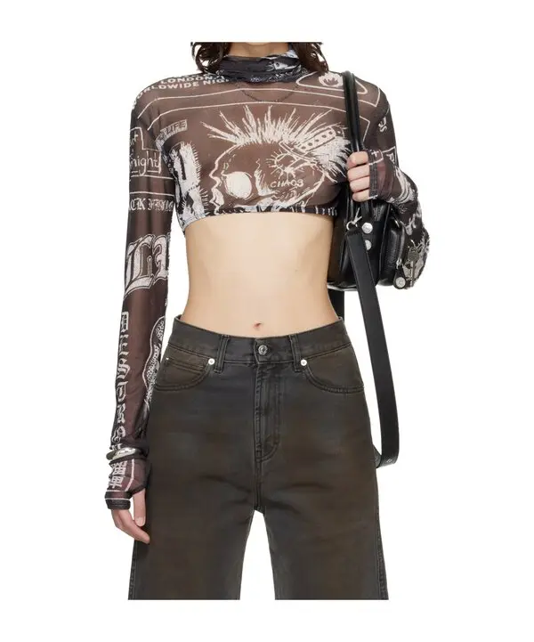 LU'U DAN Mesh Print Turtleneck Cropped Top