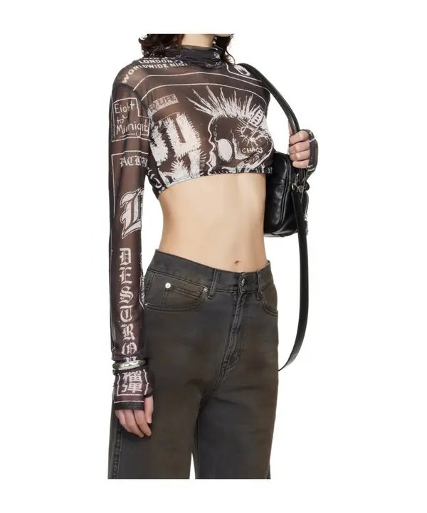 LU'U DAN Mesh Print Turtleneck Cropped Top