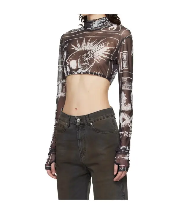 LU'U DAN Mesh Print Turtleneck Cropped Top