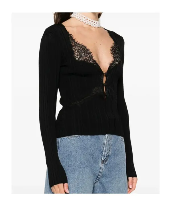 SELF-PORTRAIT Lace Trimmed Ribbed Knit V-neck Top
