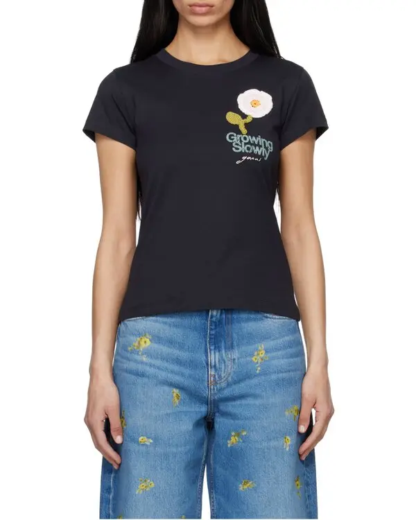 GANNI Crochet Flower Baby Fit T-shirt - Black