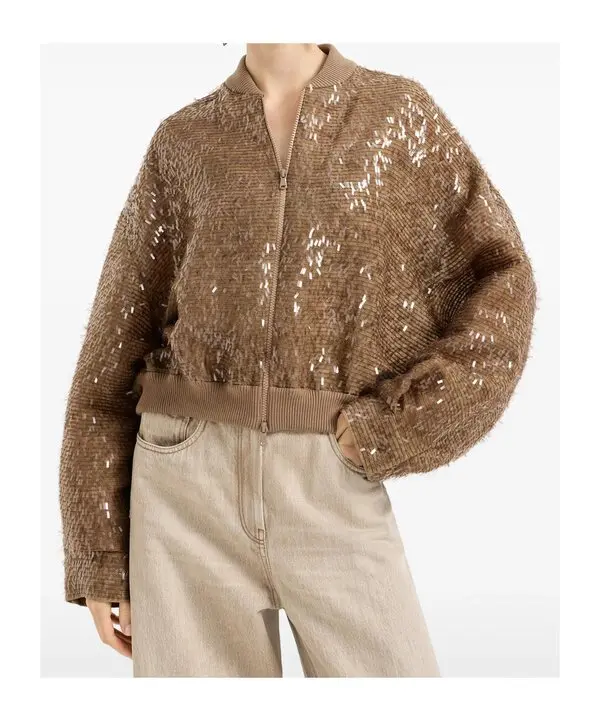 Brunello Cucinelli Sequin Embellished Bomber Jacket - Brown