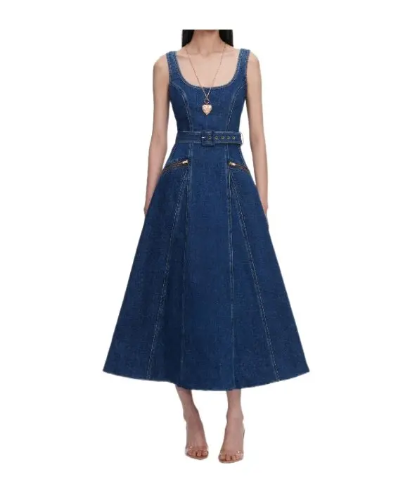 SELF-PORTRAIT Belt-detail Flared Midi Denim Dress