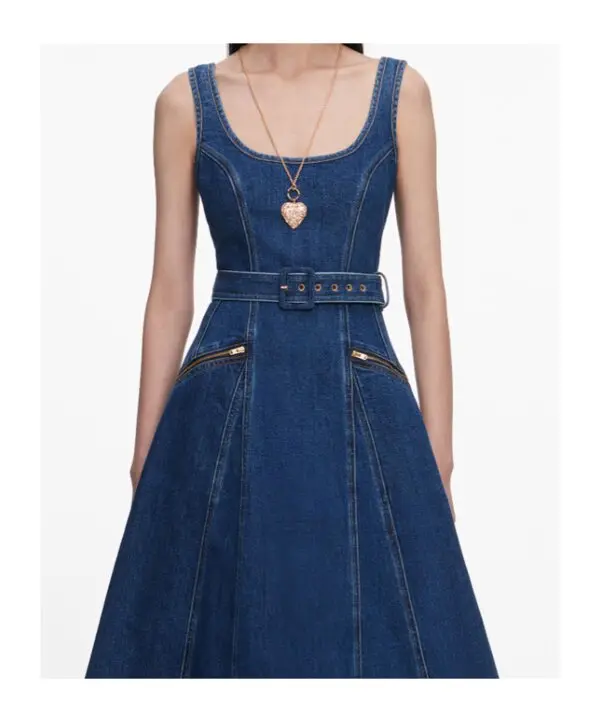 SELF-PORTRAIT Belt-detail Flared Midi Denim Dress - No