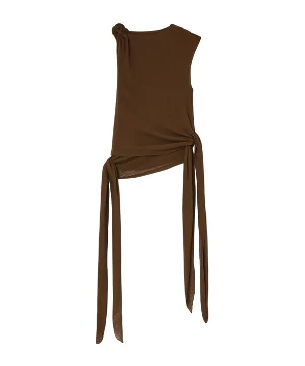 GANNI Asymmetrical Draped Knot Detail Mesh Top - Espresso