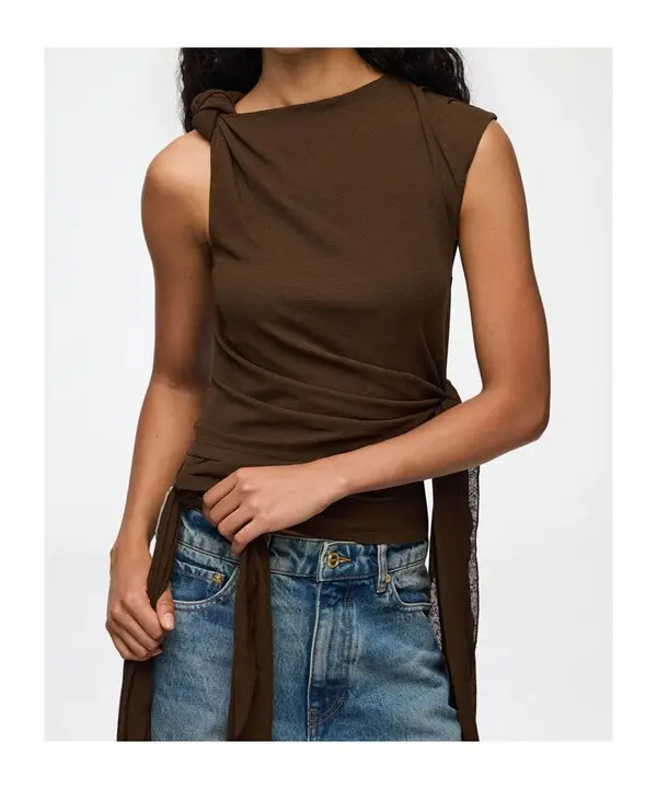 GANNI Asymmetrical Draped Knot Marl Mesh Top - Espresso