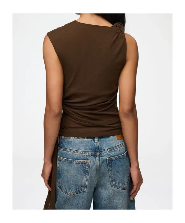 GANNI Asymmetrical Draped Knot Marl Mesh Top - Espresso