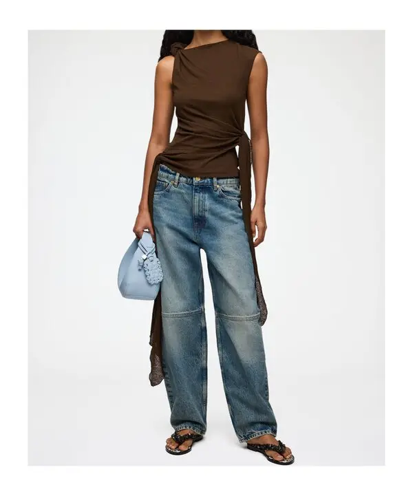 GANNI Asymmetrical Draped Knot Marl Mesh Top - Espresso