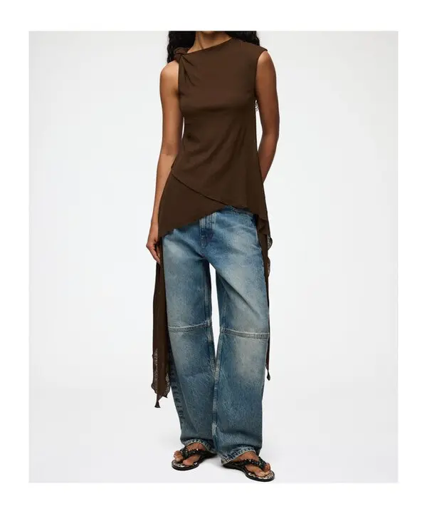 GANNI Asymmetrical Draped Knot Marl Mesh Top - Espresso