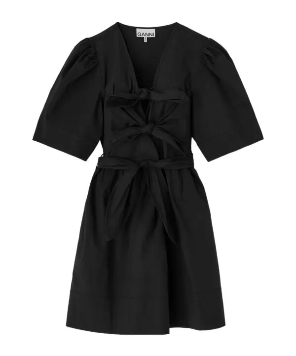 GANNI Bow Detailed V-neck Mini Dress - Black
