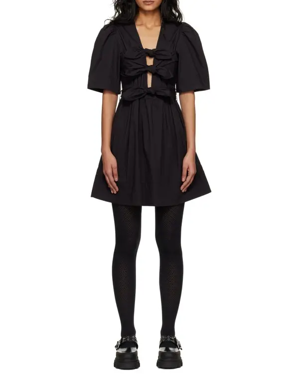 GANNI Bow Detailed V-neck Mini Dress - Black