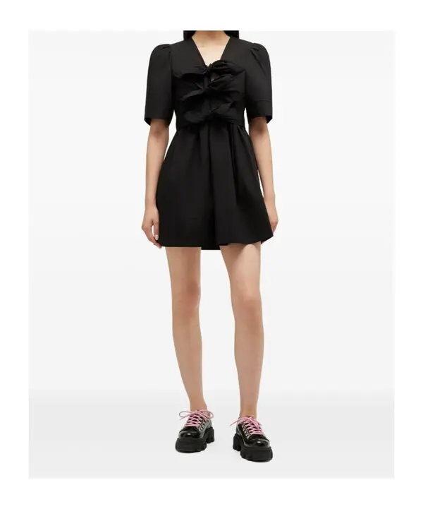 GANNI Bow Detailed V-neck Mini Dress - Black