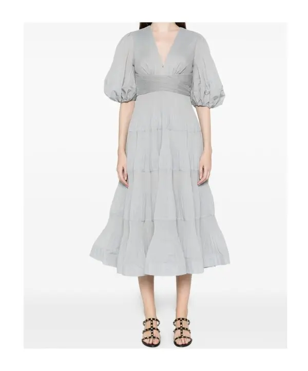Zimmermann V-neck Puff Sleeve Midi Dress - Light Blue