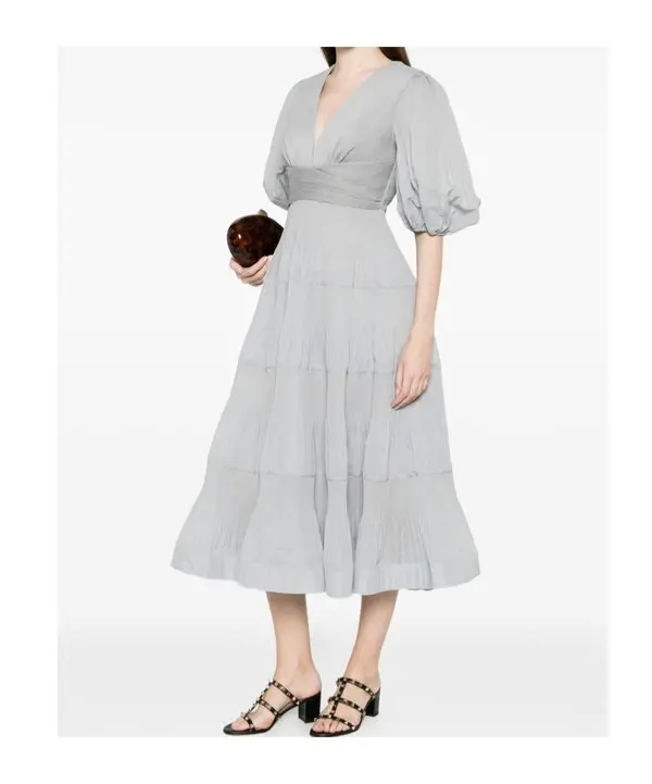 Zimmermann V-neck Puff Sleeve Midi Dress - Light Blue