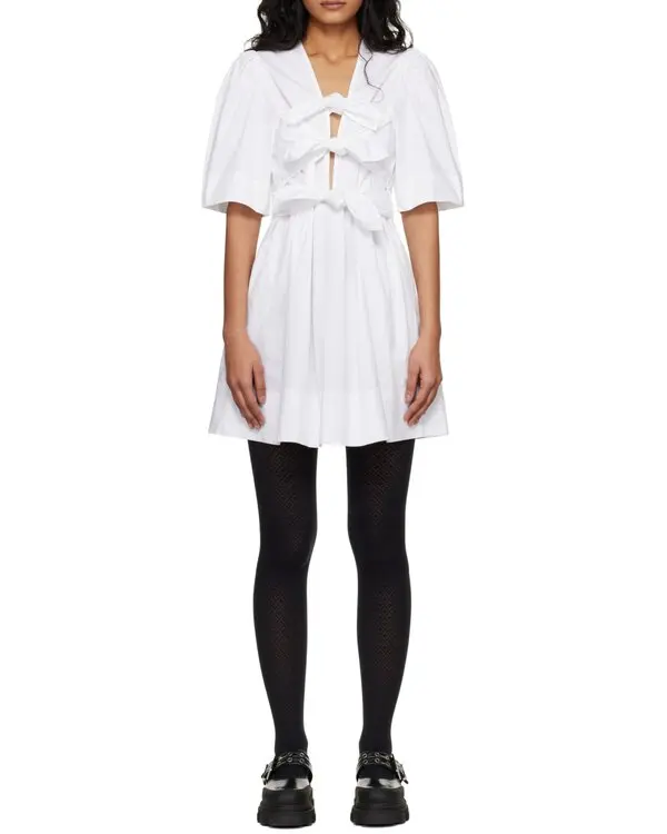 GANNI Bow Detailed V-neck Mini Dress - White