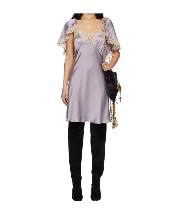 Chloé Shawl Mini Dress With Fan-shaped Lace Trim - Smoky Purple